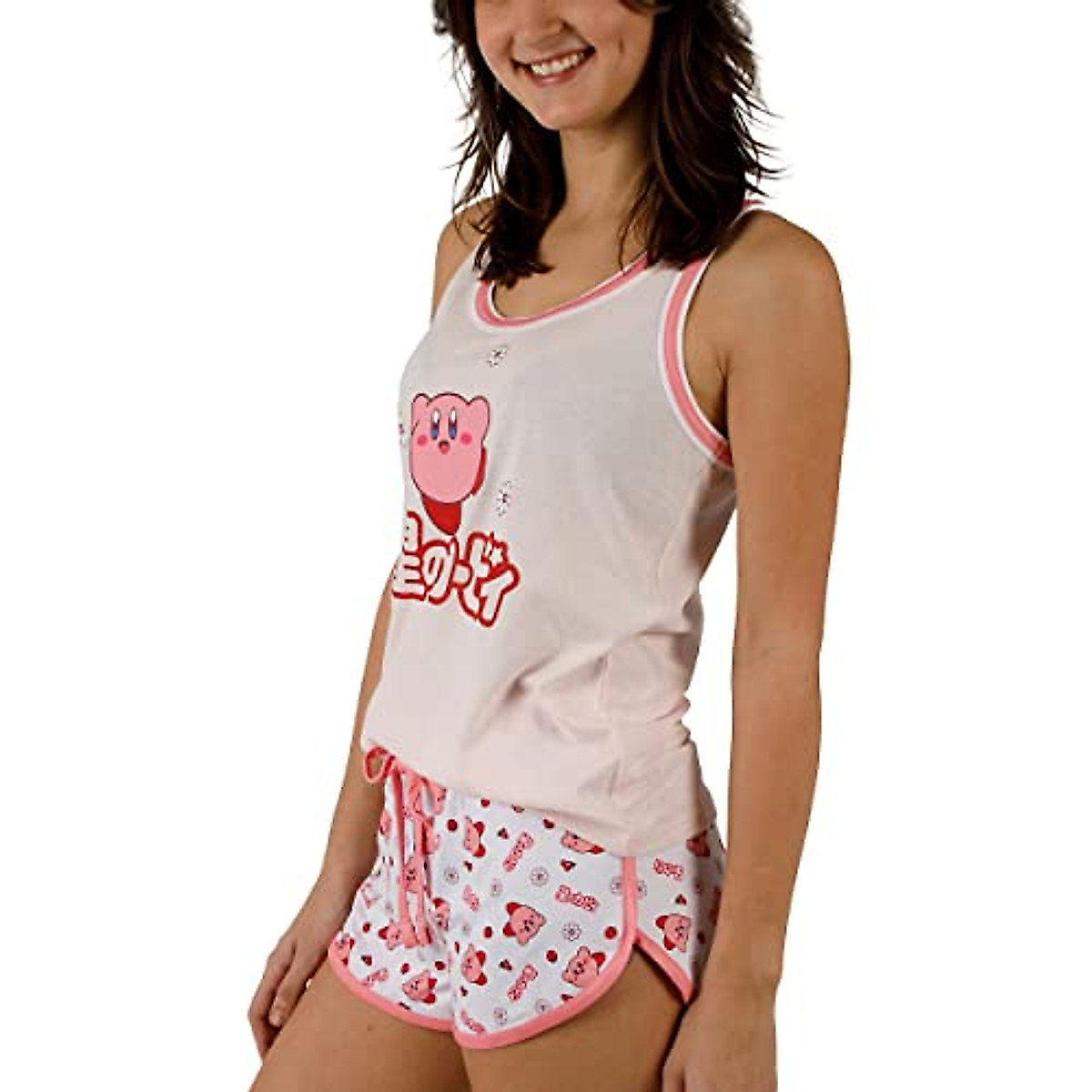 Bioworld Kirby Daisies & Kanji Logo Women's Racer Back Tank Top & Dolphin Lounge Shorts Sleepwear Set-XL Pink