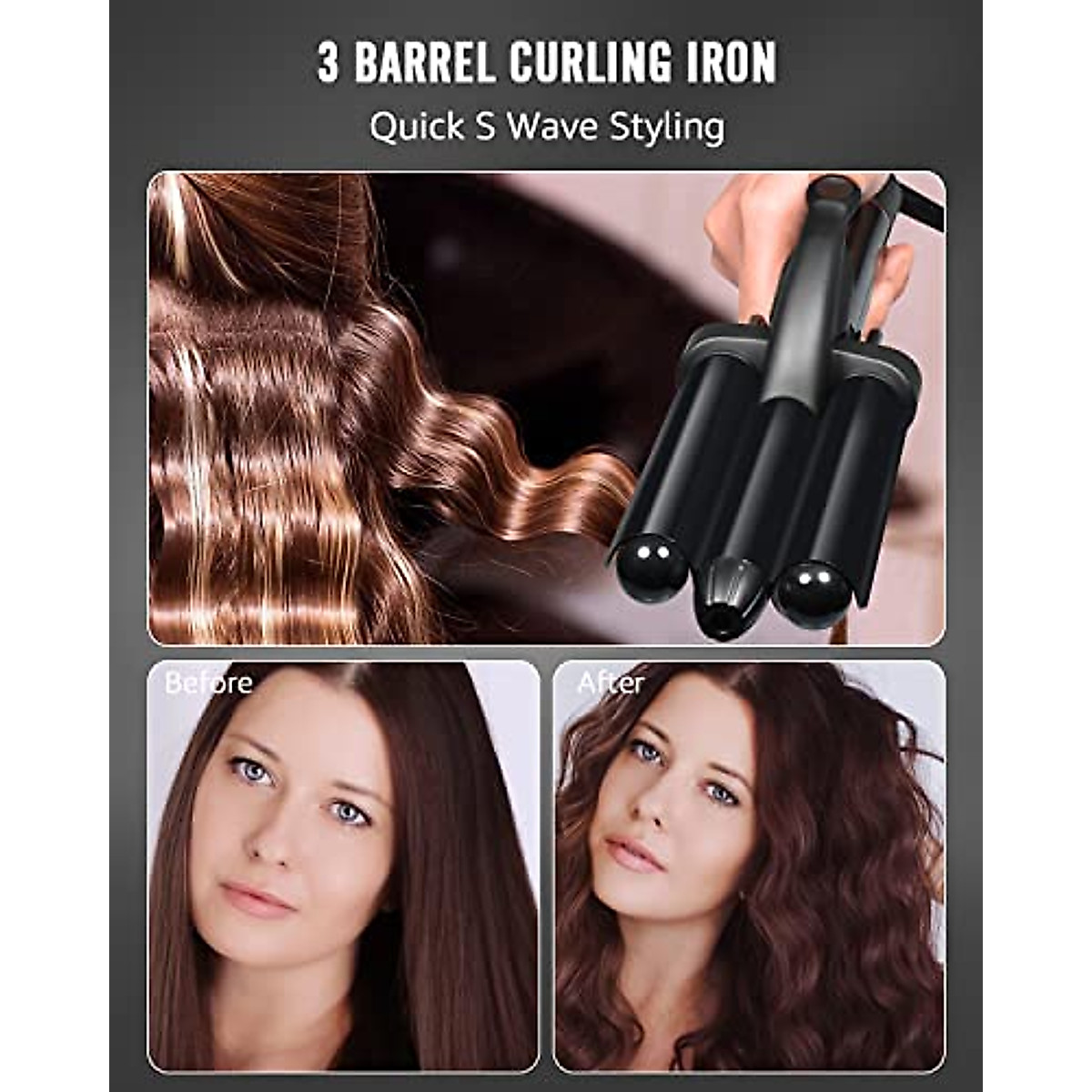 Hair Waver, 3 Barrel Curling Iron for Beachy Waves, Hair Crimper with LCD Temp Display, Ceramic Tourmaline Triple Barrels Curling Wand, Beach Waver Curling Iron with Dual Voltage, Black