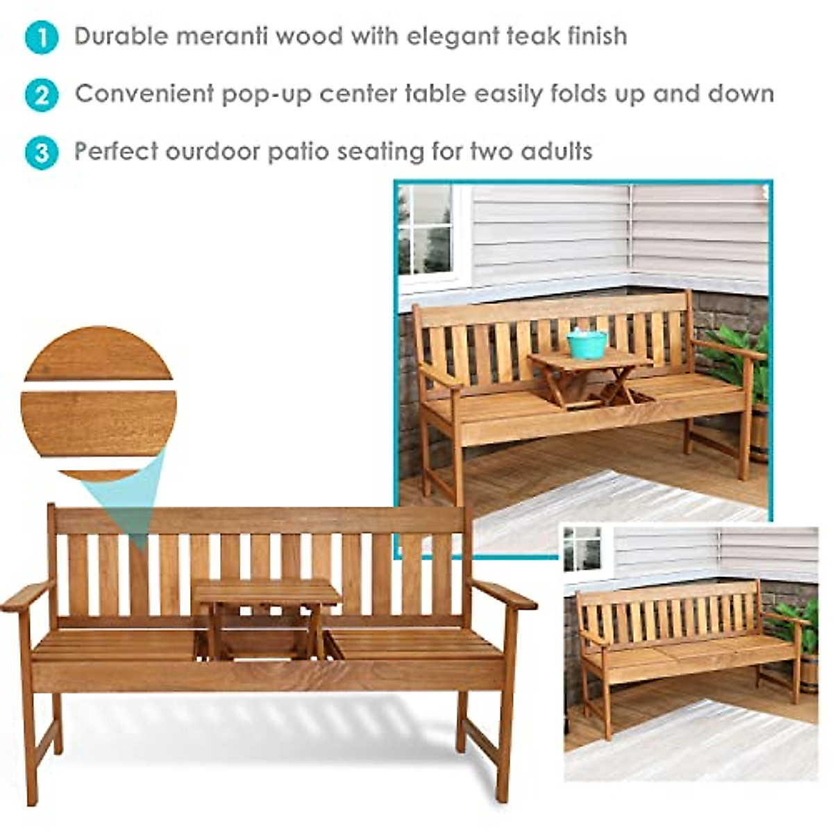 Sunnydaze Meranti Wood Outdoor Bench with Teak Oil Finish and Built-in Pop-Up Table - Comfortable Patio Seating for 2 Adults - Modern Occasional Bench - Decorative Porch Furniture - 60-Inch