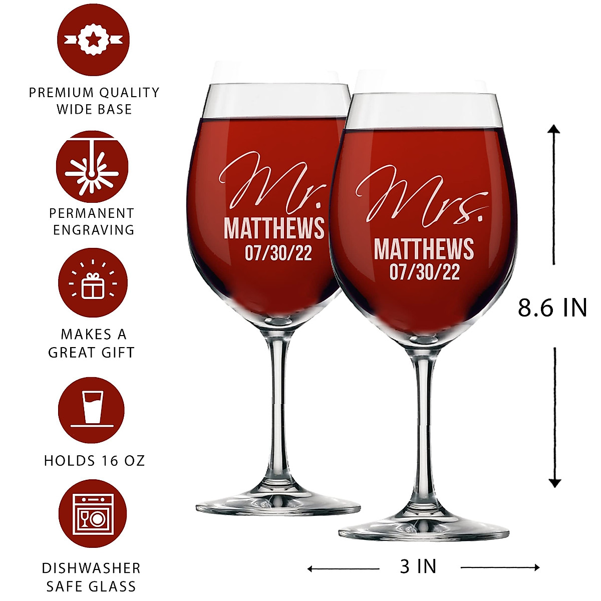 Set of 2 Mr and Mrs Personalized Wine Glasses - Custom Engraved and Monogrammed Gifts