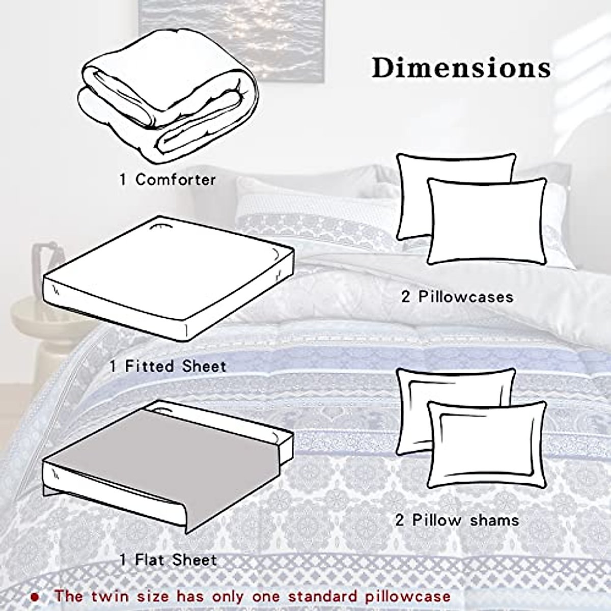 Flysheep Bohemian Striped Bed in a Bag 7 Pieces Queen Size, Boho Blue Grey Geometric Pattern Reversible Bed Comforter Set (1 Comforter, 1 Flat Sheet, 1 Fitted Sheet, 2 Pillow Shams, 2 Pillowcases)
