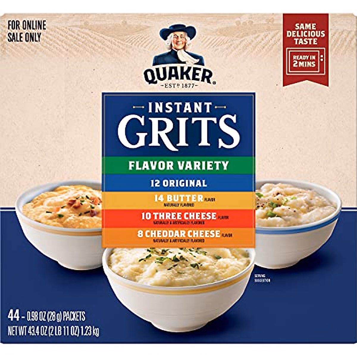 Quaker Instant Grits, 4 Flavor Variety Pack, 0.98oz Packets,44 Count (Pack of 1)