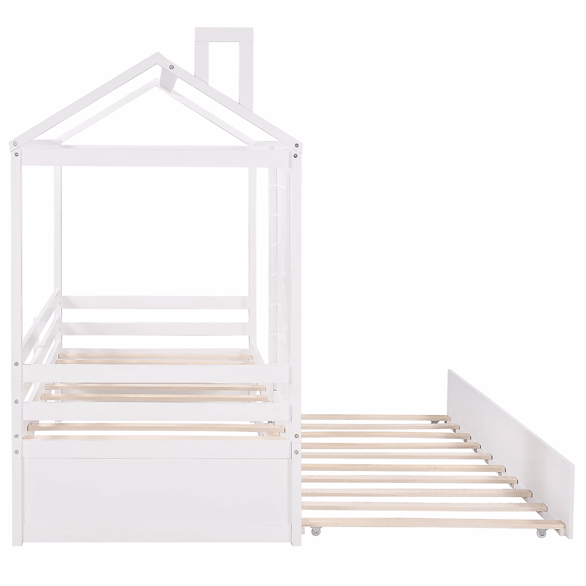 Merax House Bed with Trundle, Window and Roof, Twin Size Wood Bunk Bed Daybed Can be Decorated for Girls, Boys (White)
