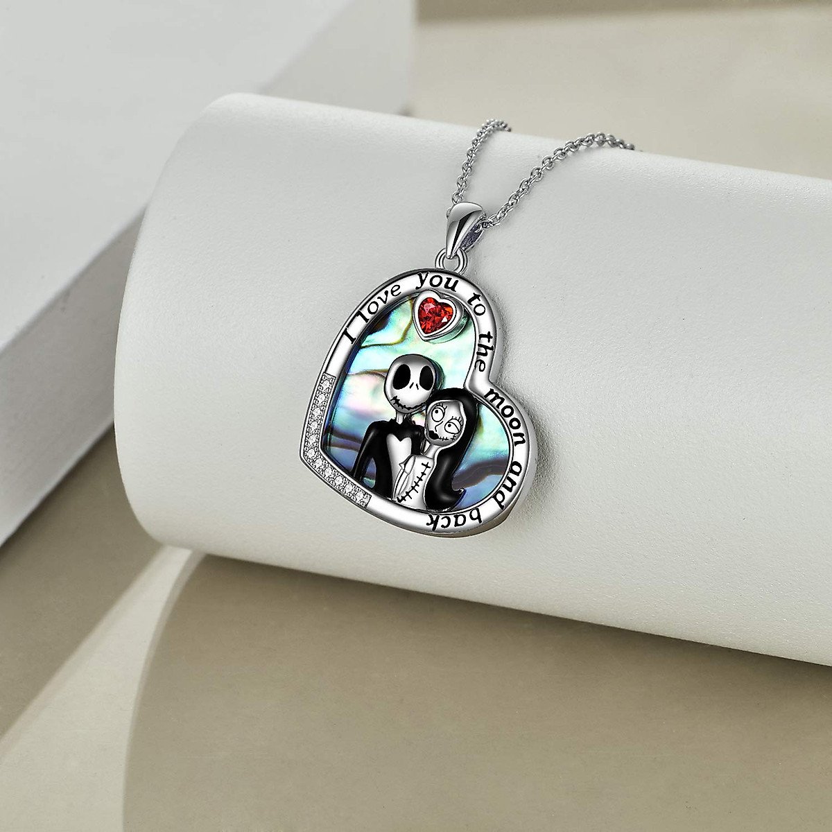 ONEFINITY Jack And Sally Jewelry Sterling Silver Nightmare Abalone Shell Heart Necklace I Love You To the Moon and Back Jewelry Before Christmas Gifts for Women Her