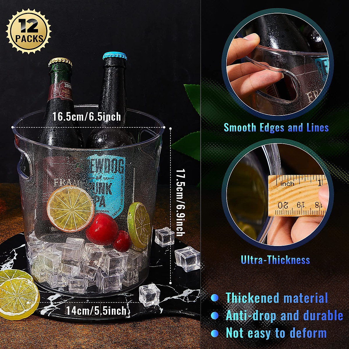 12 Pcs Plastic Ice Buckets with Handle Clear Wine Bucket Round Champagne Bucket Large Wine Cooler Bucket Portable Party Tubs for Drinks Chiller Bin for Beer Bottle with Handles (6.5 x 6.9 x 5.5 Inch)