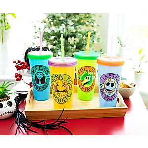 Disney The Nightmare Before Christmas Townsfolk Color-Changing Plastic Tumbler Cups, Set of 4 | Include Reusable Straw and Leak-Resistant Lid