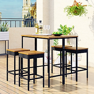 5-Piece Steel Outdoor Patio Wicker Bar Set, Garden PE Rattan Wicker Dining Table, Foldable Tabletop, Acacia Wood Tabletop with 4 Stools and 1 Wood Table. (Brown Wood + Black Wicker#1)
