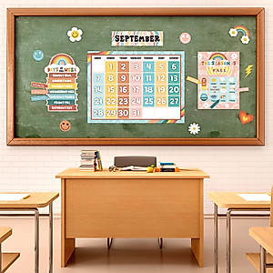 Updated 62Pcs Retro Bulletin Board Borders Classroom Decorations Calendar Season Weather Week Chart Educational Posters Retro Classroom Decor Theme Sets for Kindergarten Home School Classroom Supplies