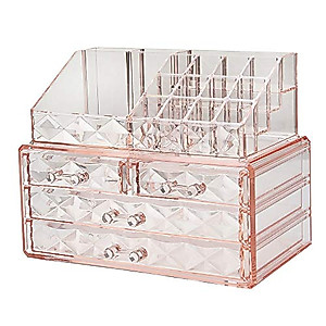 ZHIAI Jewelry and Cosmetic Boxes with Brush Holder - Pink Diamond Pattern Storage Display Cube Including 4 Drawers and 2 Pieces Set