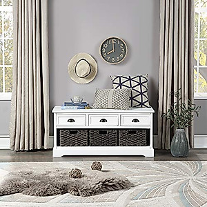 Knocbel Entry Wicker Storage Bench Wood Entryway Hallway Bedroom Bench Cabinet with 3 Drawers and 3 Woven Baskets, Fully Assembled, 19.5" H x 41.9" L x 15.2" W (White)