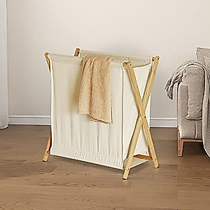 Bellglee Collapsible Bamboo Wood Laundry Hamper, Wooden X Frame Foldable Laundry Basket, Clothes Sorter Organizer with Linen Canvas Laundry Bag for Bedroom or Bathroom