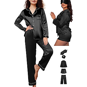 WJing Yi Jia 5Pcs XS-XXL Womens Silk Satin Pajamas Sets Long Pj Sets Button Down Pjs Set Loungewear Sleepwear Dusty Blue