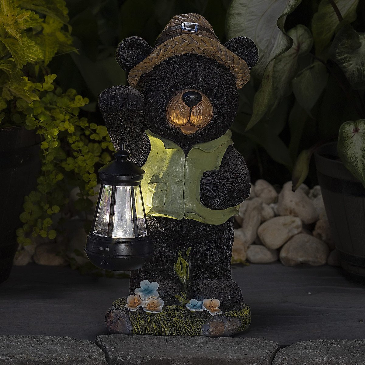 VP Home Camping Bear with Lantern Solar Powered LED Outdoor Decor Garden Light Bear Yard Statue Bear Outdoor Decor Bear Yard Decor Bear Statue Cedar Carved Bear with Solar Lantern Garden Bear