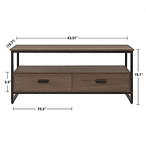 WEENFON Coffee Table, Industrial Coffee Table with 2 Cloth Drawers & Open Storage Shelf, Modern Accent Cocktail Table with Hidden Compartment for Living Room, Metal Frame, Dark Brown