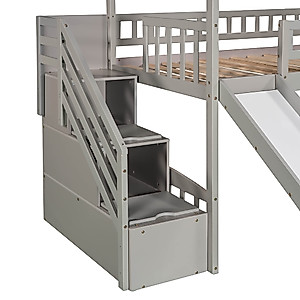 Harper & Bright Designs House Bed Loft Bed with Slide, Twin Loft Bed with Stairs and Storage, Wood Loft Bed Frame for Kids & Girls & Boys (Gray)