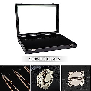 Wudygirl 20 Hooks Necklace Tray Storage Box Jewelry Display Stackable Glass Top Lockable Black Velvet Boxes(Necklace Box)