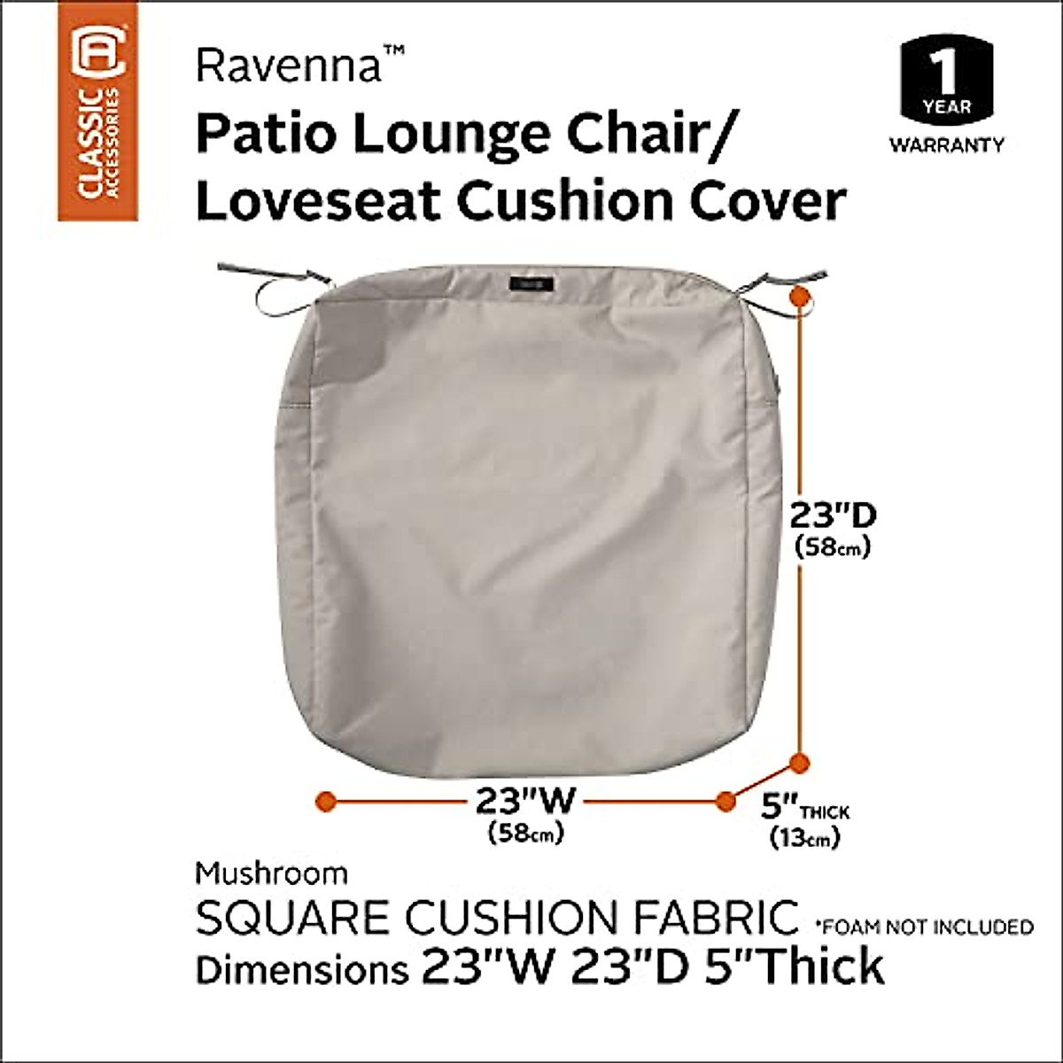 Classic Accessories Ravenna Water-Resistant 23 x 23 x 5 Inch Square Outdoor Seat Cushion Slip Cover, Patio Furniture Chair Cushion Cover, Mushroom, Patio Furniture Cushion Covers