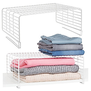 mDesign Modern Versatile Metal Closet, Cabinet Organizer Storage 2-Tier Shelf Divider and Separator for Bedrooms, Bathrooms, Entryways, Hallways, Kitchen Pantry, Office - Easy Install, 2 Pack - White