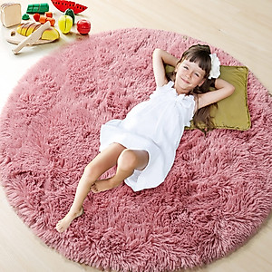 ONASAR Blush Round Area Rug 5ft, Soft Bedroom Circle Rugs Mats for Kids Girls Teen Room, Fluffy Plush Shaggy Carpet for Baby Nursery Living Room Playroom Home Decor Princess Castle