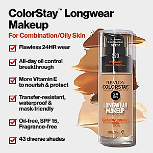 Revlon Liquid Foundation, ColorStay Face Makeup for Combination & Oily Skin, SPF 15, Longwear Medium-Full Coverage with Matte Finish, Sand Beige (180), 1.0 Oz