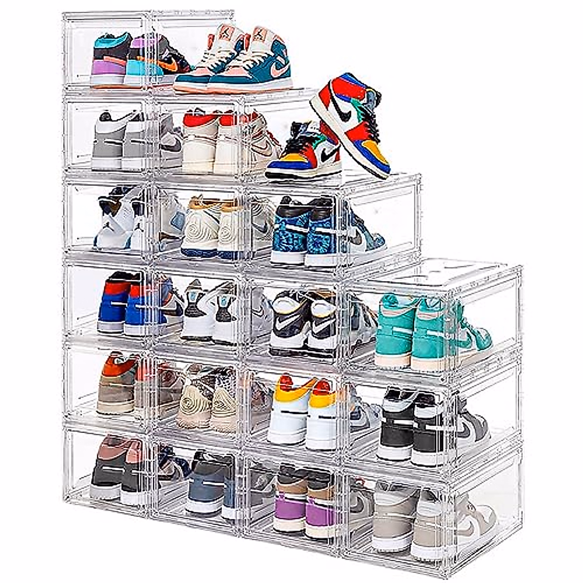 12 Pack Acrylic Clear Shoe Boxes– Ultra Clear Plastic Stackable Sneaker Storage For Sneakerhead. Professional Grade Shoe Display Case with Magnetic Door .Boots and Hat Organizer.Fits US Size 15