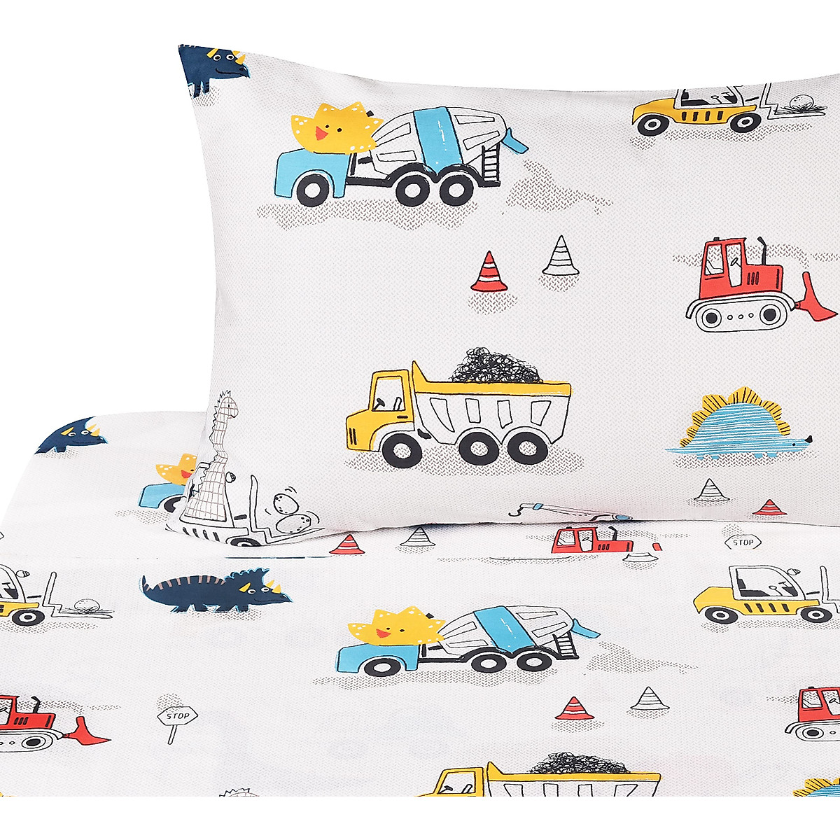 J pinno Dinosaur Construction Work Digger Cars Vehicle Cute Cozy Fun Twin Sheet Set for Kids Girls Children, 100% Cotton, Flat Sheet + Fitted Sheet + Pillowcase Bedding Set (Dinosaur, Twin)