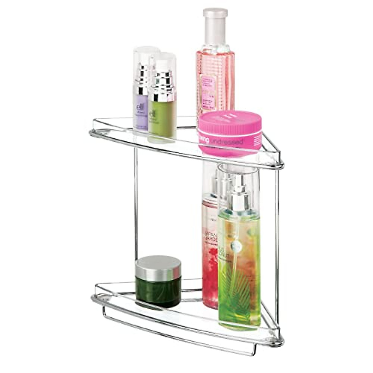 mDesign Steel/Plastic Freestanding Countertop Corner Shelf Organizer with 2-Tier Storage for Bathroom, Vanity, Cabinet, Counter - Holds Makeup, Bath Gel - Prism Collection - 2 Pack - Clear