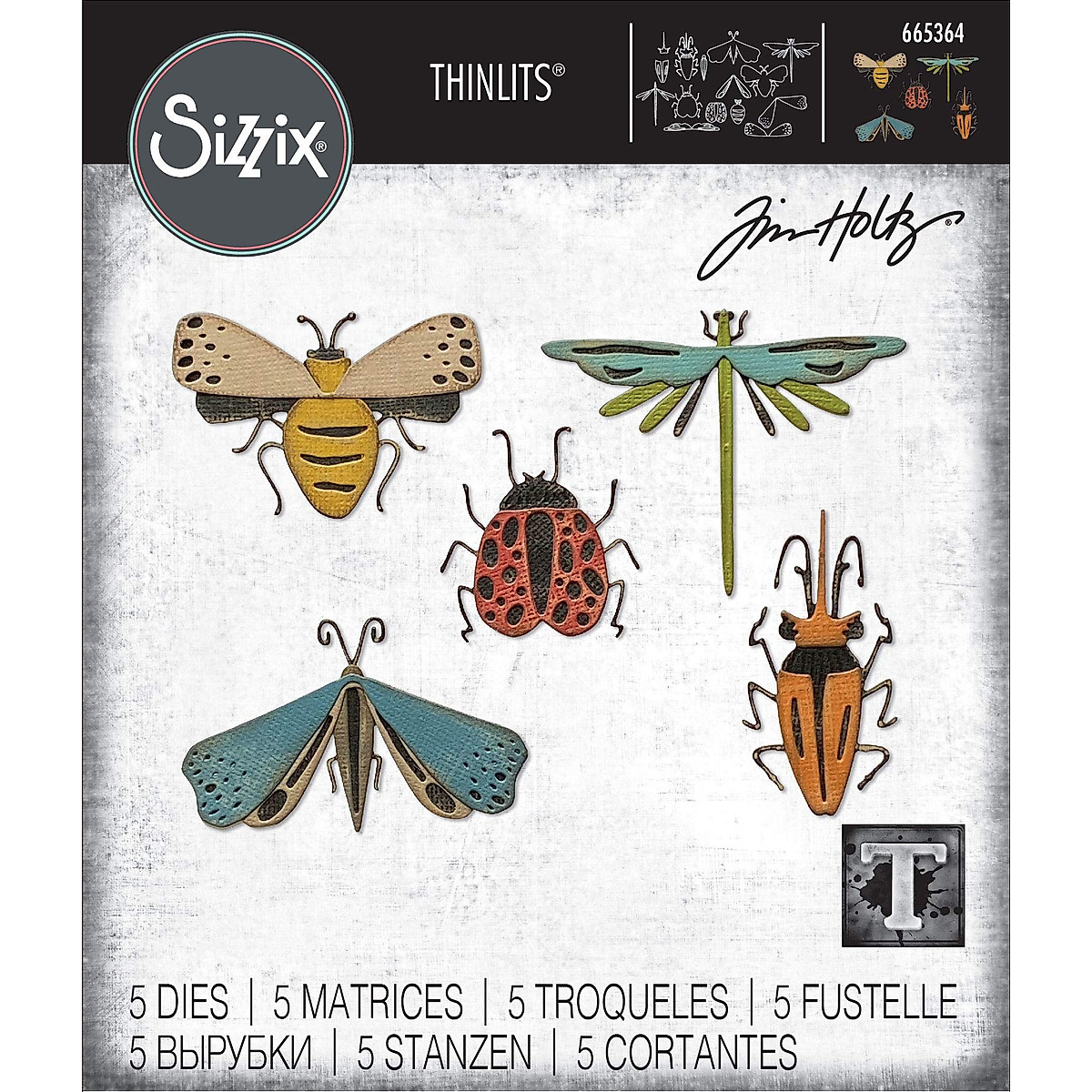 Sizzix Thinlits Die Set 5PK Funky Insects by Tim Holtz, 665364, Multicolor