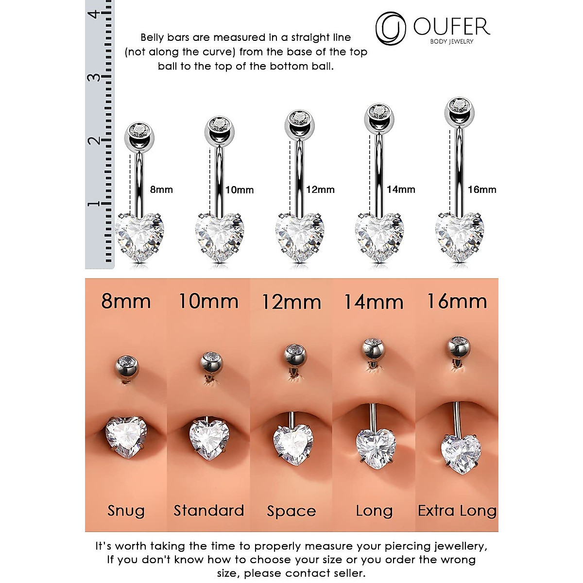 OUFER 14G Belly Rings, Long Belly Button Rings, G23 Solid Titanium Belly Piercing Jewelry, Heart Shaped Navel Piercing Jewelry, Belly Rings for Women Men-16mm