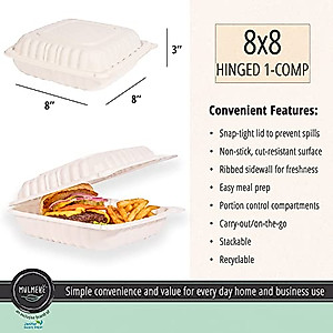 MULMEHË Eco-Friendly Mineral Filled Polypropylene Plastic Hinged Take Out Food Containers, 8x8x3, Vented Single Compartment, Natural White, 100 Pack