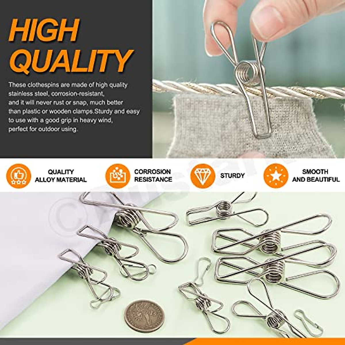 Rustark 145Pcs Stainless Steel Clothespin Clips with Spring Hooks Assortment Kit Heavy Duty Multipurpose Metal Wire Utility Clips Windproof Clothes Pegs for Outdoor Clothesline Home Kitchen