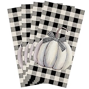 Thanksgiving Grey Pumpkin Kitchen Towels - 4 Pack Microfiber Absorbent Dish Towels for Kitchen, Fall Watercolor Black and White Plaid Farmhouse Kitchen Hand Towels/Tea Towels/Bar Towels 18"x28"