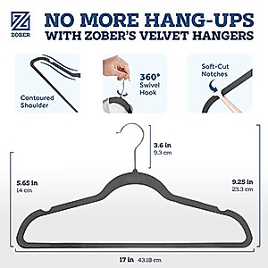 Zober Velvet Hangers 50 Pack - Heavy Duty Gray Hangers for Coats, Pants & Dress Clothes - Non Slip Clothes Hanger Set - Space Saving Felt Hangers for Clothing