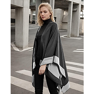 OWIF Women's Shawl Wraps Open Front Poncho Cape Oversized Sweaters Casual Cardigan Shawls for Fall Winter, Border Design-01-Black Gray