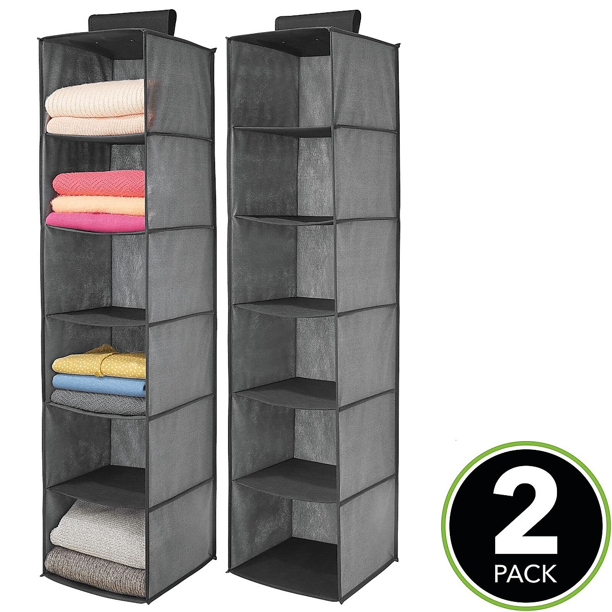 mDesign Long Soft Fabric Over Closet Rod Hanging Storage Organizer with 6 Shelves for Clothes, Leggings, Lingerie, T Shirts - Textured Print with Solid Trim - 2 Pack - Charcoal Gray/Black