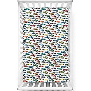 Race Car Themed Fitted Mini Crib Sheets,Portable Mini Crib Sheets Ultra Soft Material-Baby Crib Sheets for Girl or Boy,24“ x38“,Multicolor