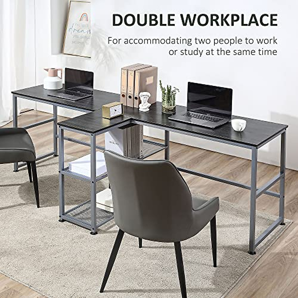 HOMCOM 83" Two Person Computer Desk with 2 Storage Shelves, Double Desk Workstation with Book Shelf, Long Desk Table for Home Office, Black