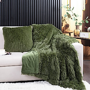 YUSOKI Olive Green Faux Fur Throw Blanket,2 Layers,50" x 60" Cozy Plush Fluffy Blanket Furry Fuzzy Warm Cute Shaggy Blanket for Fall Bed Living Room Décor Baby Women Pet