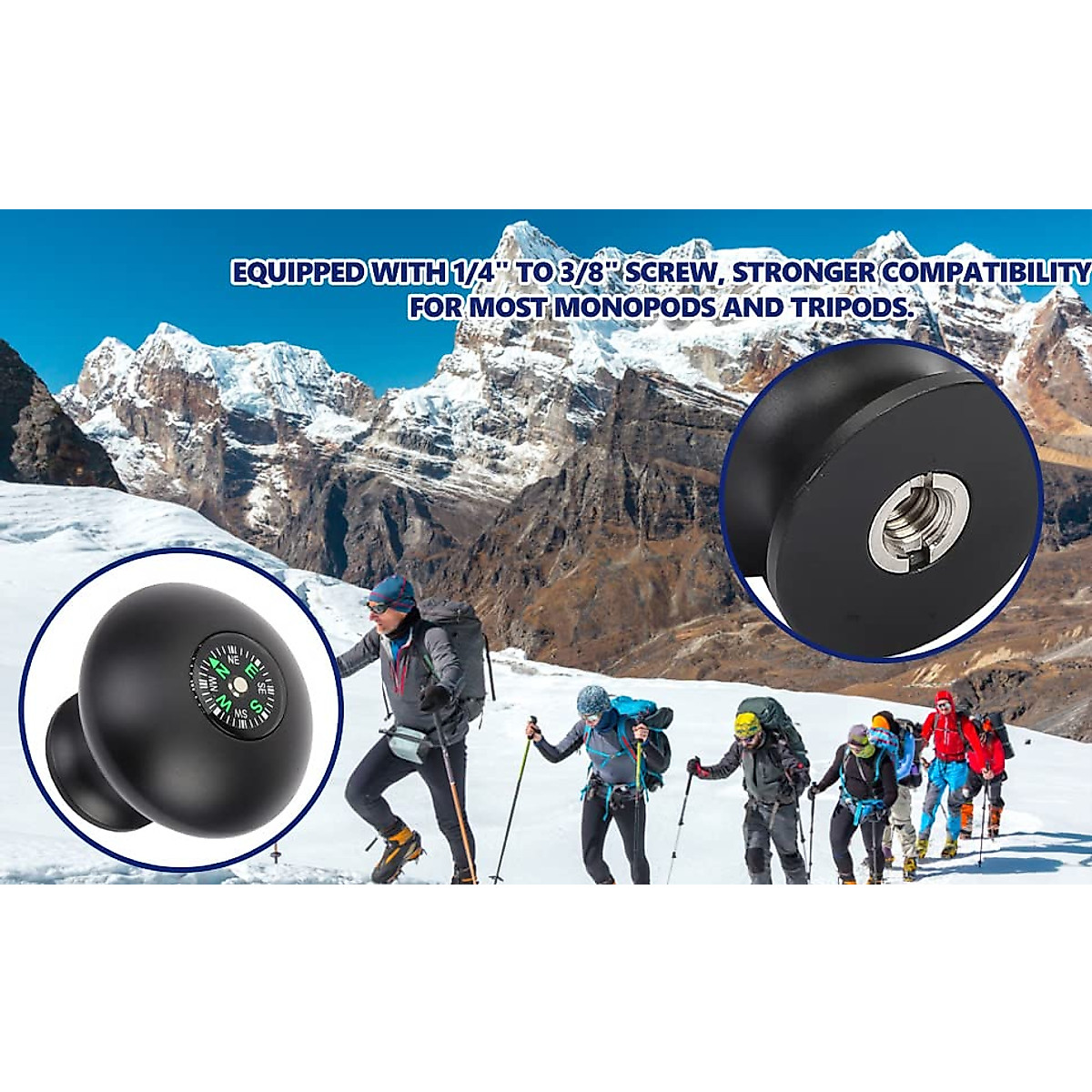 Tripod Monopod Ball Head Handle Grip Knob,Universal Trekking Pole Stick Monopod Tripod Head Grip Knob with Compass for Outdoor Activities, Hiking, Camping, etc