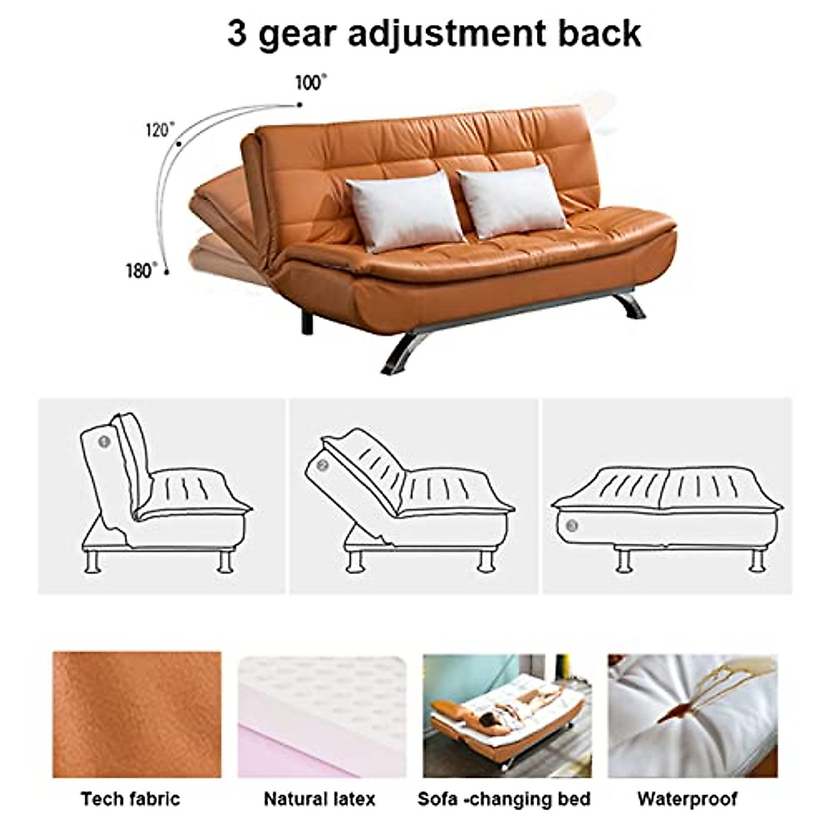 JHKZUDG Sofa Bed,2 Seater Sofa Technology Cloth Recliner Sleeper Sofa,3 Angles Adjustable Back with Chrome Legs,Convertible Folding Sofa Bed, for Living Room Bed Room,Blue