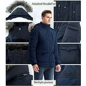 GGleaf Men's Winter Parka Jacket Hooded Thickened Padded Heavyweight Warm Coat with Detachable Fur Hood Navy XL