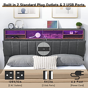 Queen Bed Frame with Tall Bookcase Headboard and Charging Station, LED Bed Frame with 2 Storage Drawers, Upholstered Mattress Foundation with Wooden Slats Support, No Box Spring Needed,Dark Grey