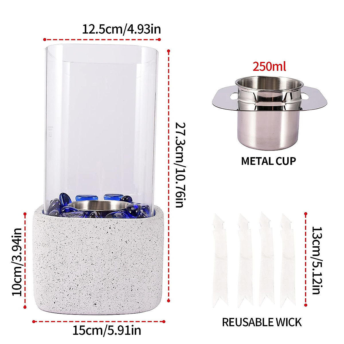 Tabletop Fireplace Indoor Out Door Tabletop Fire Pit Tabletop Fire Bowl Pot with Glass Stone Concrete Material and Windproof Glass Cover for Xmas,Valentine's Day, Birthday Party or Dining