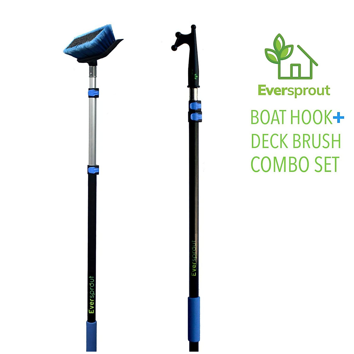 EVERSPROUT 5-to-12 Foot Boat Hook & Scrub Brush Kit (15-20 Foot Reach) | Soft-Bristle Deck Brush with Built-In Bumper Prevents Scratching | Durable Lightweight 3-Stage Extension Pole | Floating Design