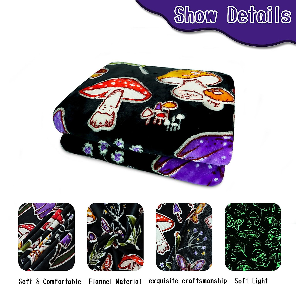 Mushroom Blanket Glow in The Dark Blanket for Girls Boys Mushrooms Throw Blanket Soft Fleece Blankets Mushroom Decor Blanket for Bedroom Sofa 50"x60"