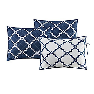 Madison Park Essentials Merritt Reversible Daybed Cover-Fretwork Print, Diamond Quilting All Season Cozy Bedding with Bedskirt, Matching Shams, Decorative Pillow, 75"x39", Navy 6 Piece