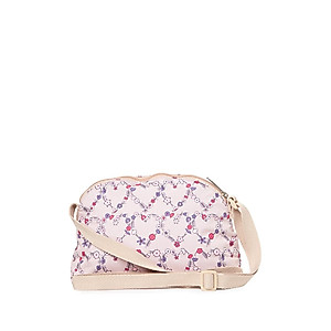 LeSportsac Heart Half Moon Crossbody Bag, Style 3468/Color F705, Pink, Purple & White Flowers Artfully Arranged in Romantic Heart Designs, Pale Pink Bag, Soft Iridescent Sheen, Petite Crossbody