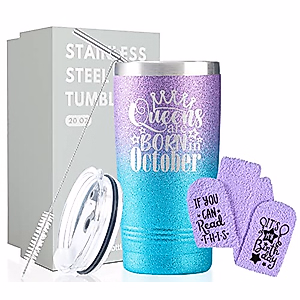 Onebttl Birthday Gifts for Women, Happy Birthday Tumbler for Her, Friends, 20 oz Insulated Cup with Funny Socks, Glitter Purple, Queens are Born in October
