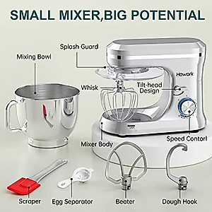 HOWORK Electric Stand Mixer,10+p Speeds With 6.5QT Stainless Steel Bowl,Dough Hook, Wire Whip & Beater,for Most Home Cooks,Silver