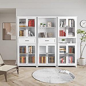 SSLine 5-Tier Bookshelf Bookcase with 4 Doors,71'' Wooden Tall Storage Cabinet with One Drawer and Spray Paint Acrylic Door,Adjustable Shelves for Living Room Bedroom Study Office Book Organizer